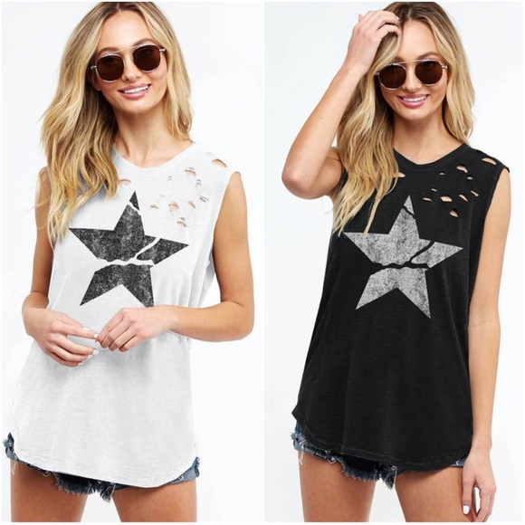 Tops | In Stock Distressed Star Tank Top Black | Poshmark